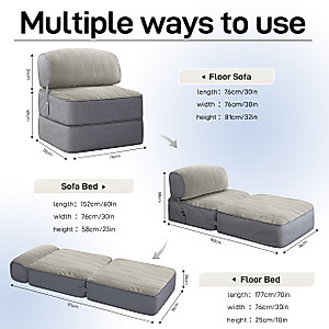 Daneey Convertible Folding Sofa Bed, Folding Chair Bed, Convertible Chair Bed Sleeper and Fold Out Couch, Foam Floor Sofa Couch Bed, Futon Sofa Bed for Bedroom/Living Room/Dorm, Gray
