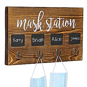MyGift Wall Mounted Burnt Wood Personal Face Mask Holder Rack with MASK Station Print Design, 4 Mask Key Hooks and Individual Chalkboard Labels