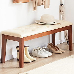 MILCIL Ottoman Bench Upholstered Padded Seat with Solid Wood Legs and Button-Tufted, Faux Leather Ivory