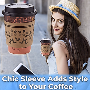 Leak-free Decorative 12Oz Disposable Coffee Cup 50Pk Set With Sleeves Lids and Stirrers. Recyclable and Stylish Brown Paper Cup Bundle for Party, Office, Business or Cafe Hot Beverages and Drinks.