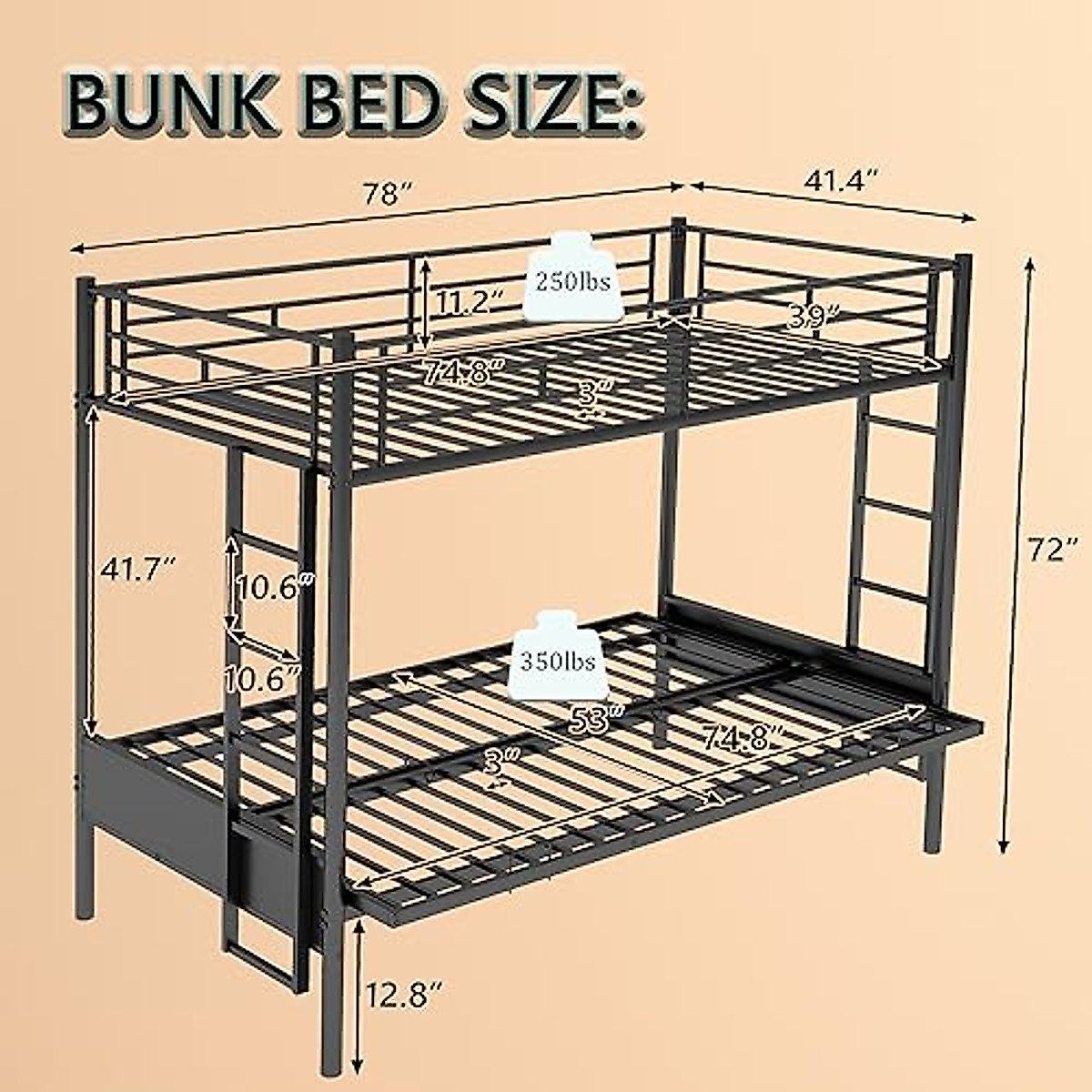 Twin-Over-Futon Convertible Couch and Bed, Metal Futon Bunk Bed with Guardrails and Ladder, Sturdy Steel Foldable Sofa-Bed for Kids Adults Teens (Twin Over Full Metal Bunk Bed, Twin)