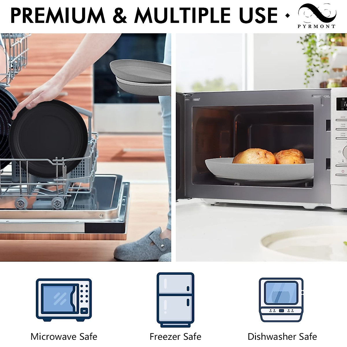 PYRMONT Dinner Plates Set of 8 Unbreakable Wheat Straw Plates 10-inch Large Plates Plastic Plates Reusable Dishwasher and Microwave Safe Unbreakable Plates for Kids (Grey Stone)