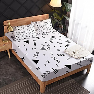 zcsm Geometric Sheets Full Size - White Bed Sheets 4 Piece & 16 Inch Deep Pocket, Soft 600 Thread Microfiber Wrinkle Free Bedding Sheets, 1 Fitted Sheet, 1 Flat Sheet, 2 Pillowcases