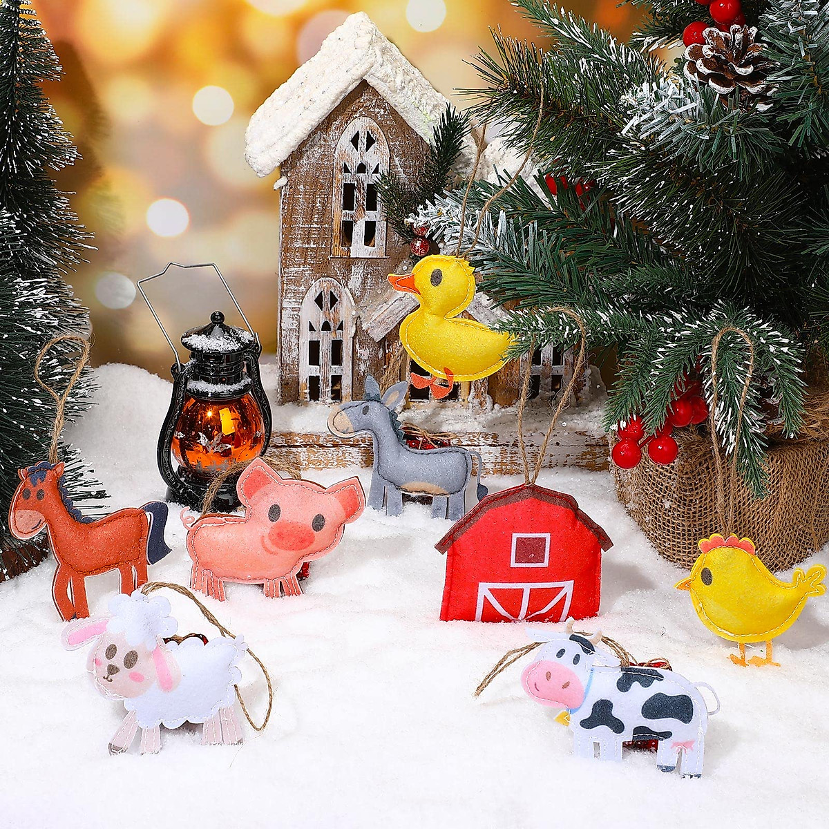 16 Pcs Farmhouse Christmas Ornaments Farm Animal Decorations Set Hanging Felt Animals Christmas Tree Ornaments Set Barn Donkey Horse Chicken Duck Pig Sheep Cow Christmas Decorations Animals Craft Kit