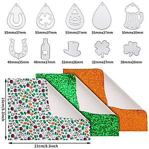 Weewooday 22 Pieces St. Patrick's Day Faux Leather Sheets and Earring Cutting Dies Shamrock Teardrop Hat Earring Die Cutting Glitter Leather Fabric for St. Patrick's Day DIY Earrings Hair Bow Craft
