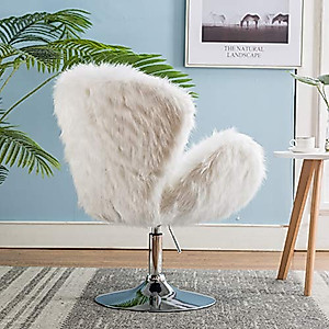 Vanity Chair for Bedroom Cute Home Office Chair Faux Fur Chairs for Teens Girls Dorm Chairs Comfy Adjustable Stool, White (Long Faux Fur)