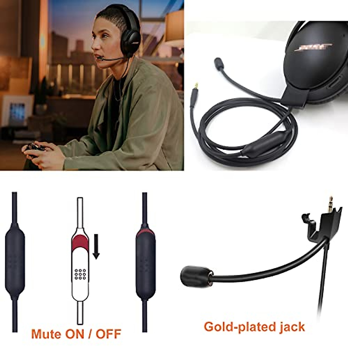 Detachable Replacement QC35 Headphone Boom Microphone Cable Cord Mute Switch Compatible with Bose QuietComfort 35 II (QC35 II) QC35 Gaming Headset​ for PC/ Laptop/ PS4/ PS5/ Xbox One Controllers