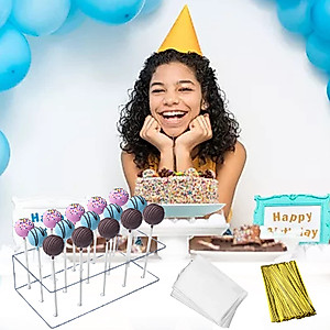 MR.FOAM Acrylic ,2PC Cake Pop Stand Display Holder 100PCS Lollipop Sticks 100PCS Clear Treats Bags and 100PCS Gold Metallic Twist Ties for Candy Cake Pop Making Tools