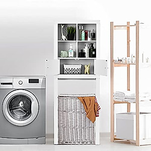 LOKO Over The Toilet Storage Cabinet, 2-Door Tall Bathroom Organizer w/ 4 Open Compartments & Adjustable Shelves, Modern Simple Toilet Space Saver, Ideal for Bathroom Laundry Balcony (White)