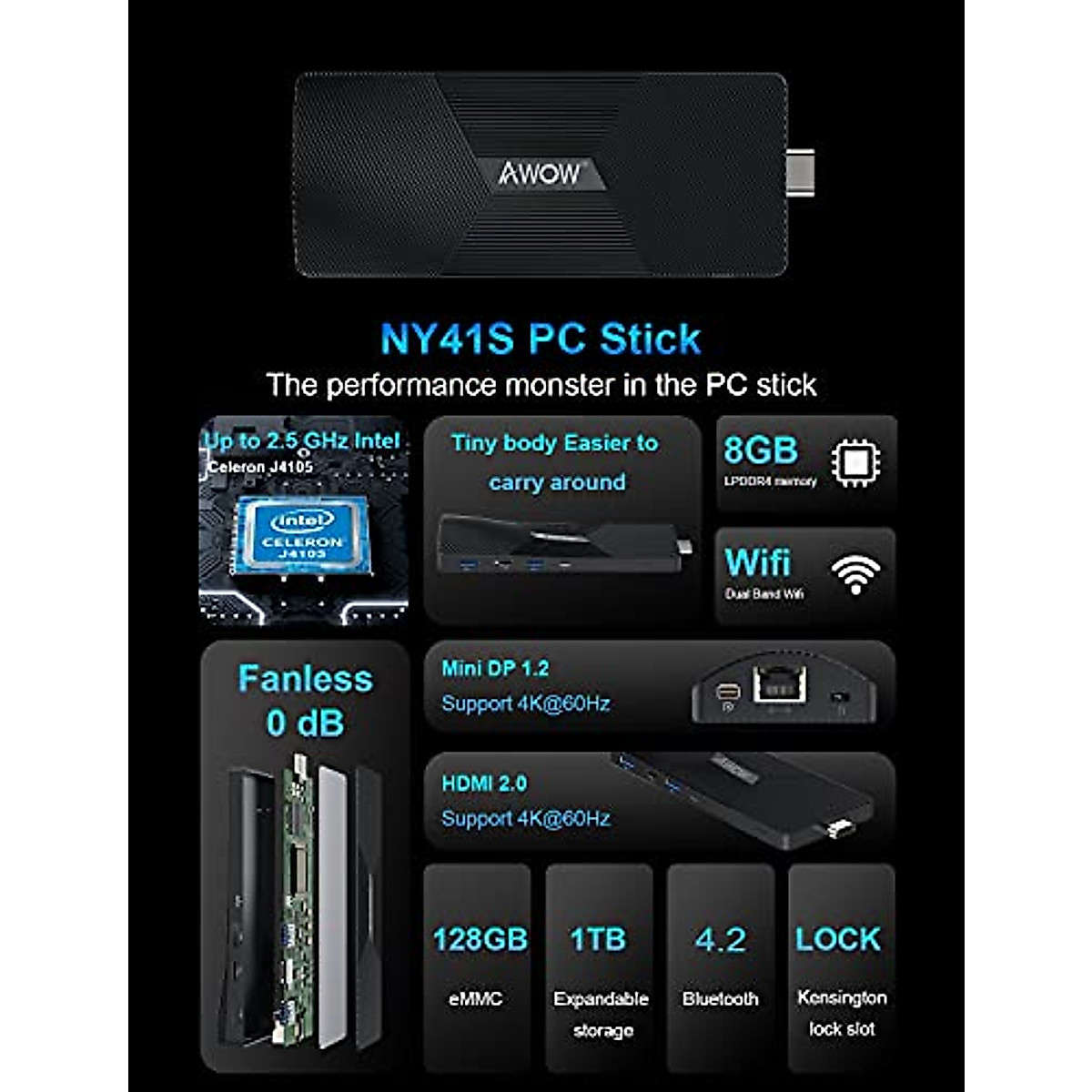 AWOW Fanless 8GB Mini PC Stick Intel Celeron J4105, 128GB Storage, Windows 11 Pro Mini Computer Stick Supporting HDMI 2.0 and Mini DP 1.2 Dual 4K@60Hz, Dual Band WiFi and Gigabit Ethernet Port, NY41S