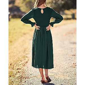 dowerme Women Casual Petal Long Sleeve Crewneck Smocked A-Line Flowy Solid Maxi Dress Fall Winter Party Cocktail Dresses(Solid Dark Green,Small)