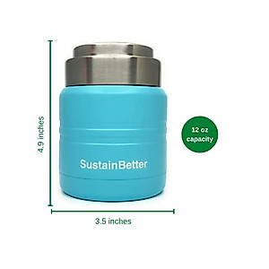 SustainBetter Plastic-Free Vacuum Insulated Stainless Steel Thermos for Hot Foods, Triple Insulated Food Jar for Lunch, Leak-Proof and Wide Mouth Food Container, 12 oz, Ocean Blue