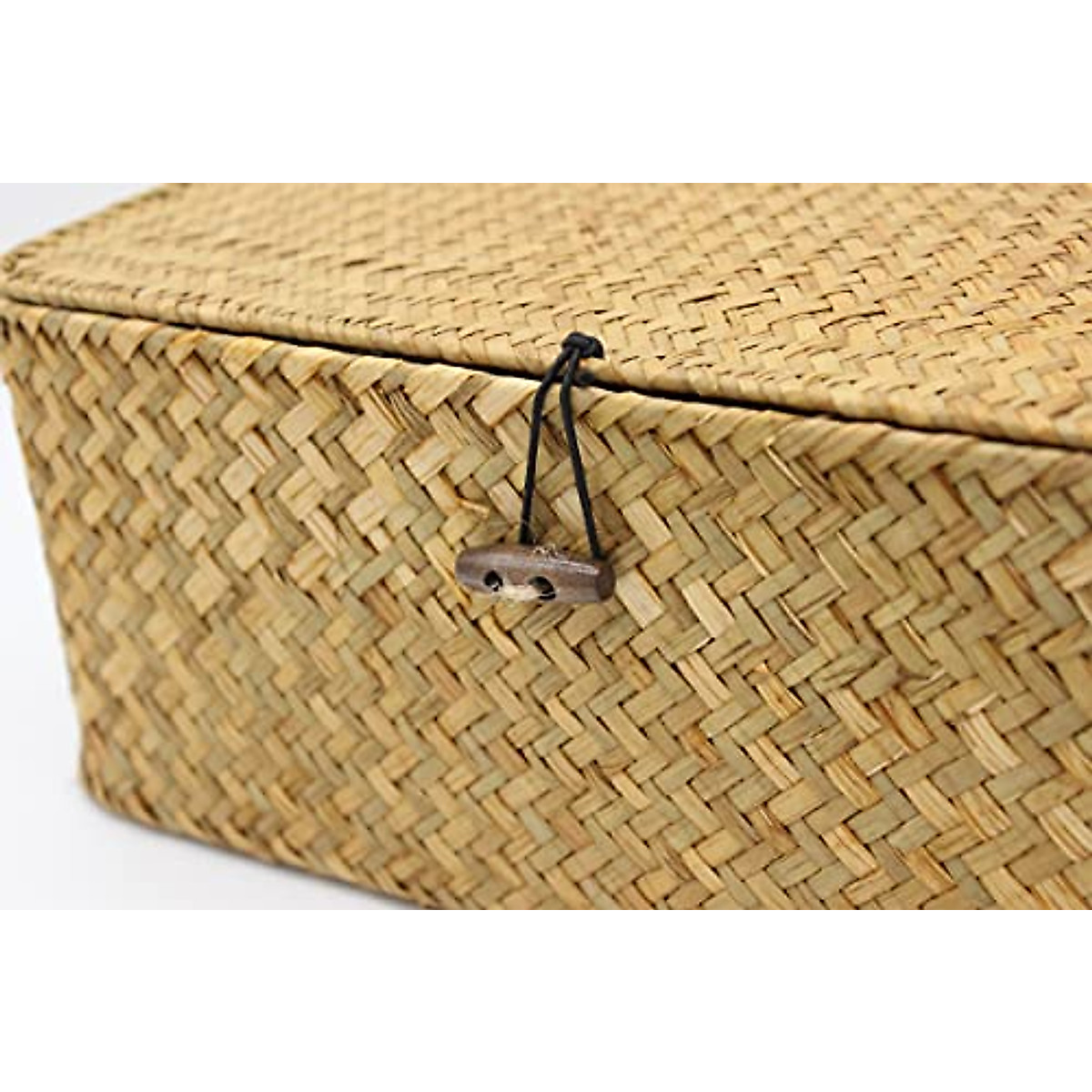 Handwoven Seagrass Storage Bins Box with Lids, Rectangular Wicker Basket Storage Basket, Shelf Baskets Set of 3