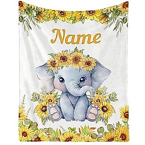 Personalized Baby Blanket Gifts for Girls Boys-Super Soft Comfy Flannel Throw Custom Name Sunflower Elephant Newborns Gift Cozy Nursery Toddler Fleece Blankets for Birthday Bed Sofa-30''x40''
