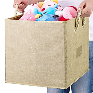 i BKGOO Foldable Storage Cube Bins Khaki Linen Fabric Collapsible Resistant Basket Box Organizer with Cotton Rope Handle for Home Office and Nursery 13x13x13 inch