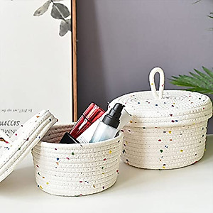 Cotton Rope Storage Basket with Lid, Round Woven Storage Box with Lid, Organizer Baskets Decorative Woven Storage Bin for Nursery, Toy Bin, Clothes, Container for Snacks(22cm)