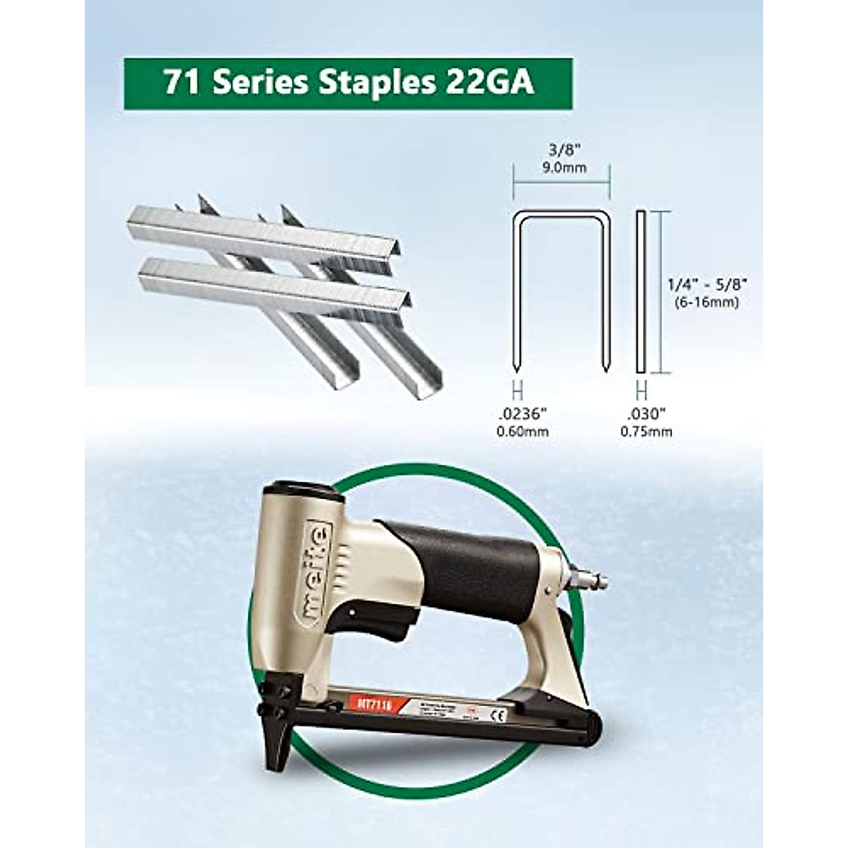 meite MT7116 Pneumatic Staple Gun - 22 Gauge 71 Series 3/8-Inch Crown 1/4-Inch to 5/8-Inch Length Air Upholstery Staple Gun Fine Wire Upholstery Stapler Gun