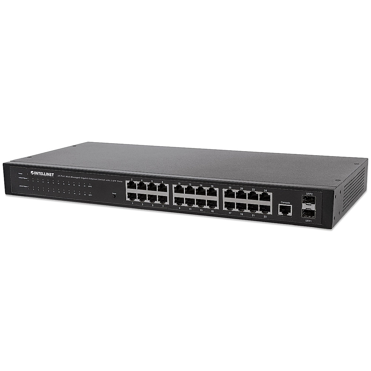 Intellinet 24 Port Web Managed Gigabit Ethernet Switch with 2 SFP Ports –with 19" Rackmount Brackets, SNMP Management and Remote Monitoring, Metal Housing, Fanless & Quiet–3 Yr Mfg Warranty-560917