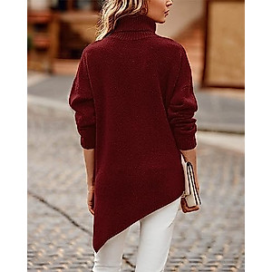 BTFBM Women Long Sleeve Turtleneck Knit Sweater Oversized Fall Winter Sweaters Casual Pullover Jumper Tops(Solid Wine Red, Large)