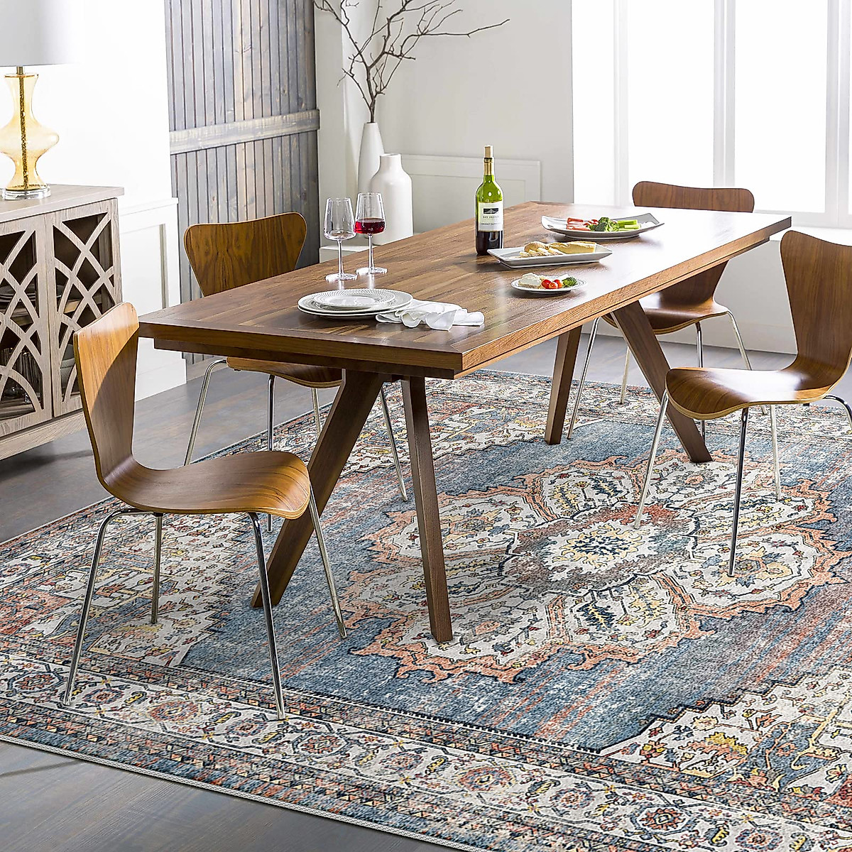 Washable Living Room Area Rug - 8x10 Large Bedroom Rug Distressed Oriental Non-Slip Non-Shedding Print Floor Carpet for Dining Room Kitchen (Blue, 8 x 10)