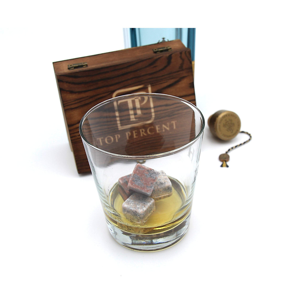 Whiskey Stone Gift Box set with 9 Premium Granite Stones (Won't Water Down Your Drink!), Wood Box, Velvet Carrying Bag and Tongs (Natural Red)