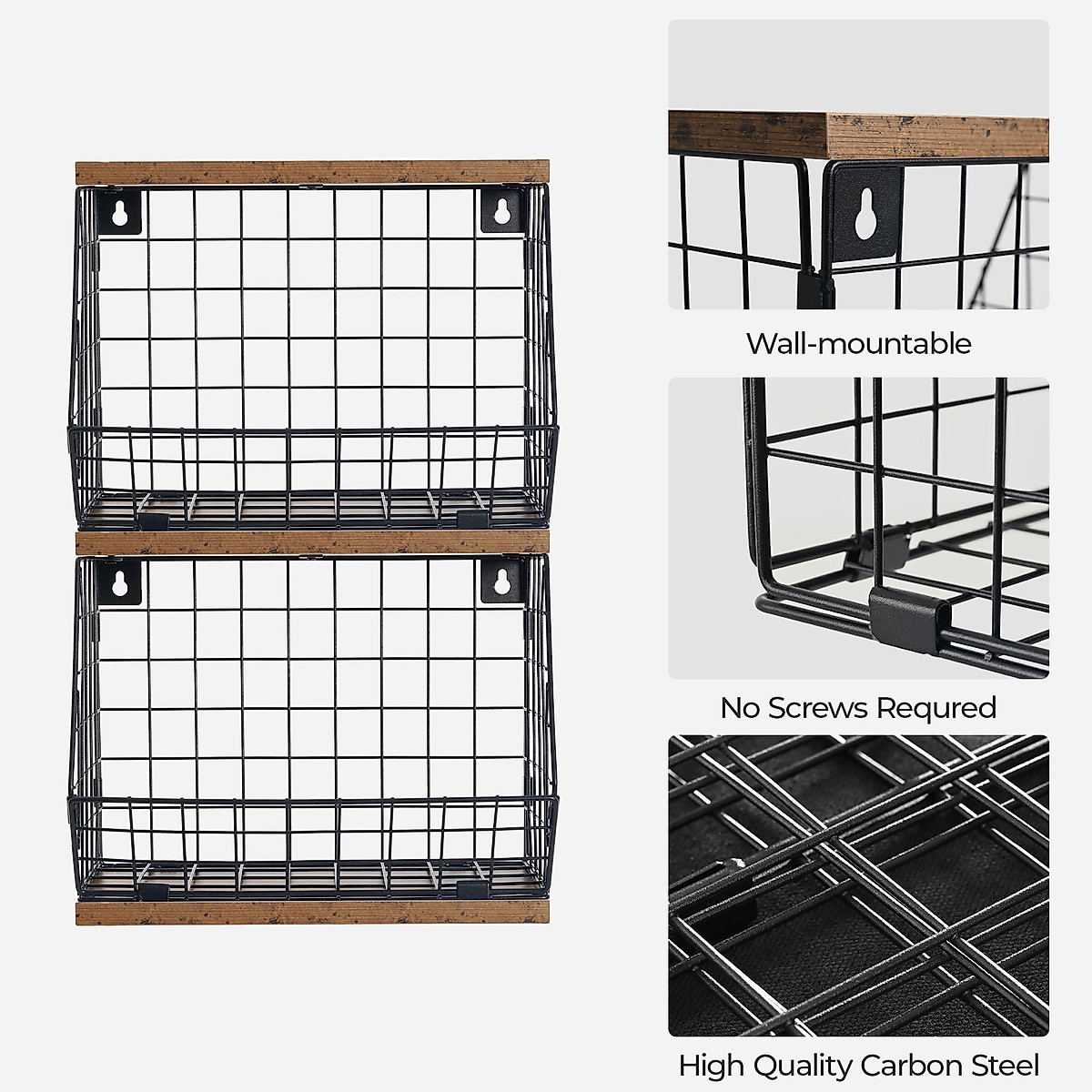 2 Pack Stackable Fruit Baskets with Wood Lid for Kitchen Counter, Wall-Mountable Hanging Wire Baskets with 4 Banana Hanger Hooks, Kitchen Organizers and Storage for Vegetable Onion Potato