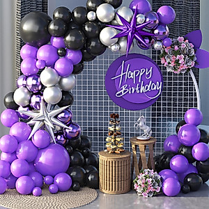 Purple and Black Balloon Garland Arch Kit, Black Purple Silver Balloon Arch Kit with 2PCS 4D Foil Star 18/12/10/5 inch Latex Balloons for Halloween Birthday Graduation Themed Party Decorations