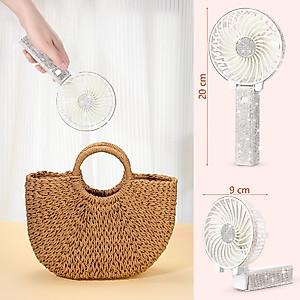 Mudder Crystal Bling Rhinestone Mini Handheld Fan Portable Usb Rechargeable Fan Battery Operated Small Folding Personal Fan for Girls Women Outdoor Travel Indoor Makeup Office (White,Classic Style)