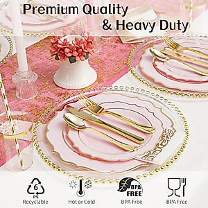 ISFANGCO 200 PCS Pink Thickened Plastic Plates Set for 25 Guests,Gold Rimmed Heavy Duty Disposable Plates for Party Wedding with Napkins,25 Dinner Plates,Dessert Plates,Spoons,Forks,Knives,Cups