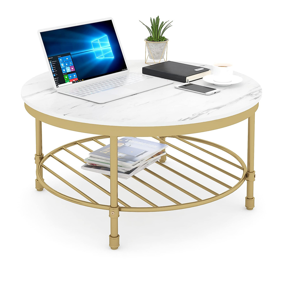 Gezen Round Coffee Table for Living Room, 2-Tier Modern Coffee Table with Open Storage Shelf, Industrial Rustic Steel Accent Table, Wooden Tabletop, Metal Frame - Marble White with Gold Frame