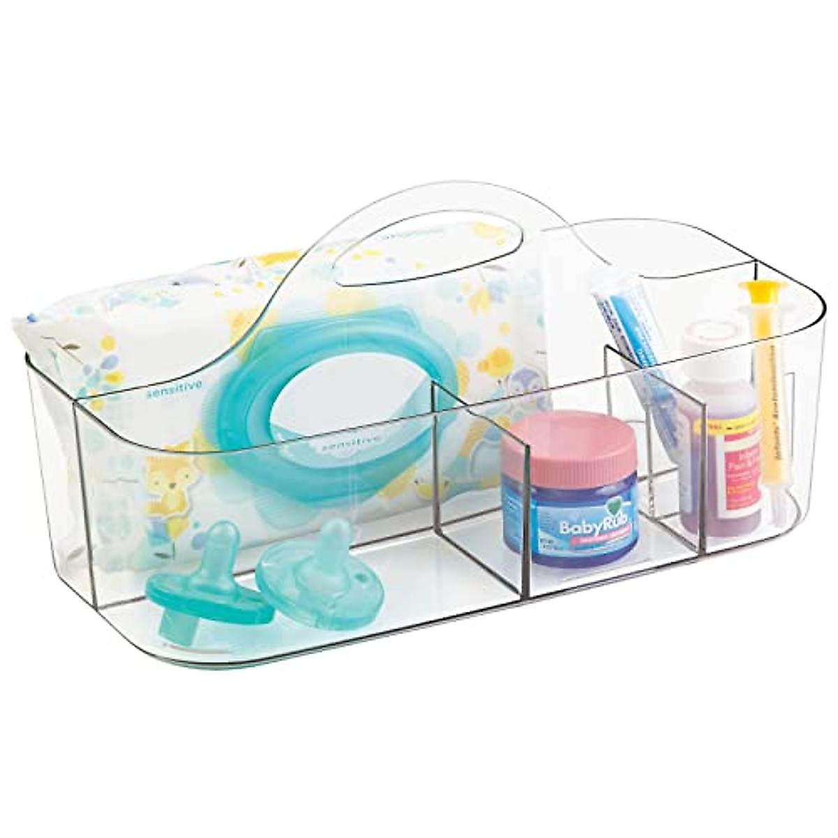 mDesign Plastic Portable Nursery Storage Organizer Caddy Tote - Divided Basket Bin with Handle - Holds Bottles, Spoons, Bibs, Pacifiers, Diapers, Wipes, Baby Lotion, Lumiere Collection, 2 Pack - Clear