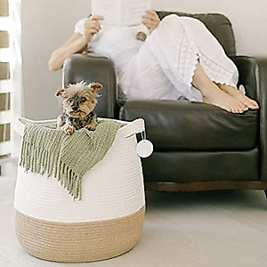 BSMstone Large Cotton Rope Basket 17.7"x 15.7"x13.8" Woven Baby Laundry Blanket Basket Toy Basket with Handle Storage Baskets for Comforter, Cushions, Quilt, Toy Bins (White + Camel)