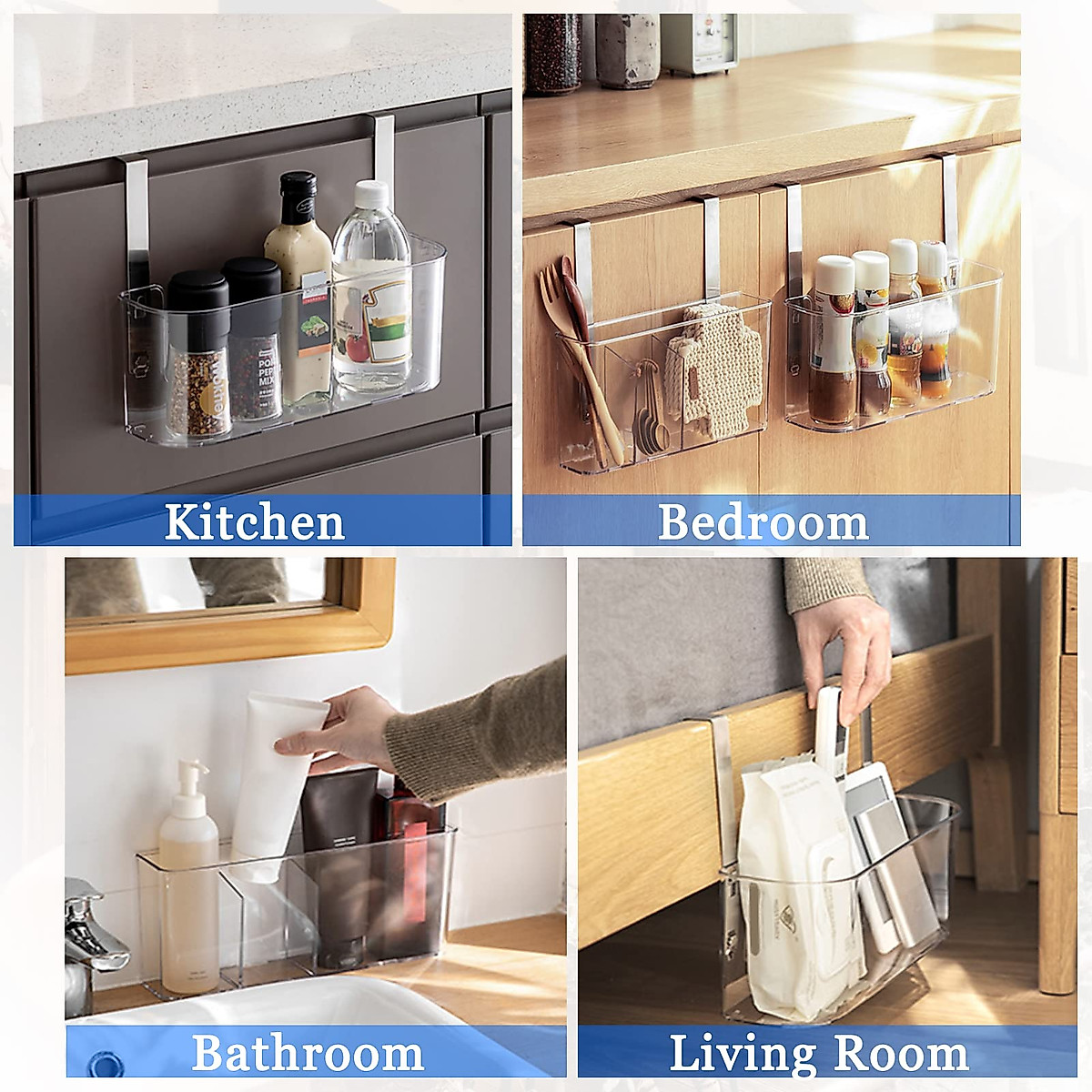 EsLuker.ly 2 Pack Over Cabinet Door Organizer Holder, 2 Styles Plastic Cabinet Storage Basket for Kitchen Pantry Bathroom| Hang Outside or Inside Door (Single Grid & Three Grids, Clear)