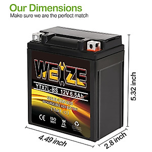 Weize YTX7L BS 100CCA ATV Battery High Performance - Maintenance Free - Sealed AGM YTX7L-BS Motorcycle Battery compatible with Honda Kawasaki Suzuki