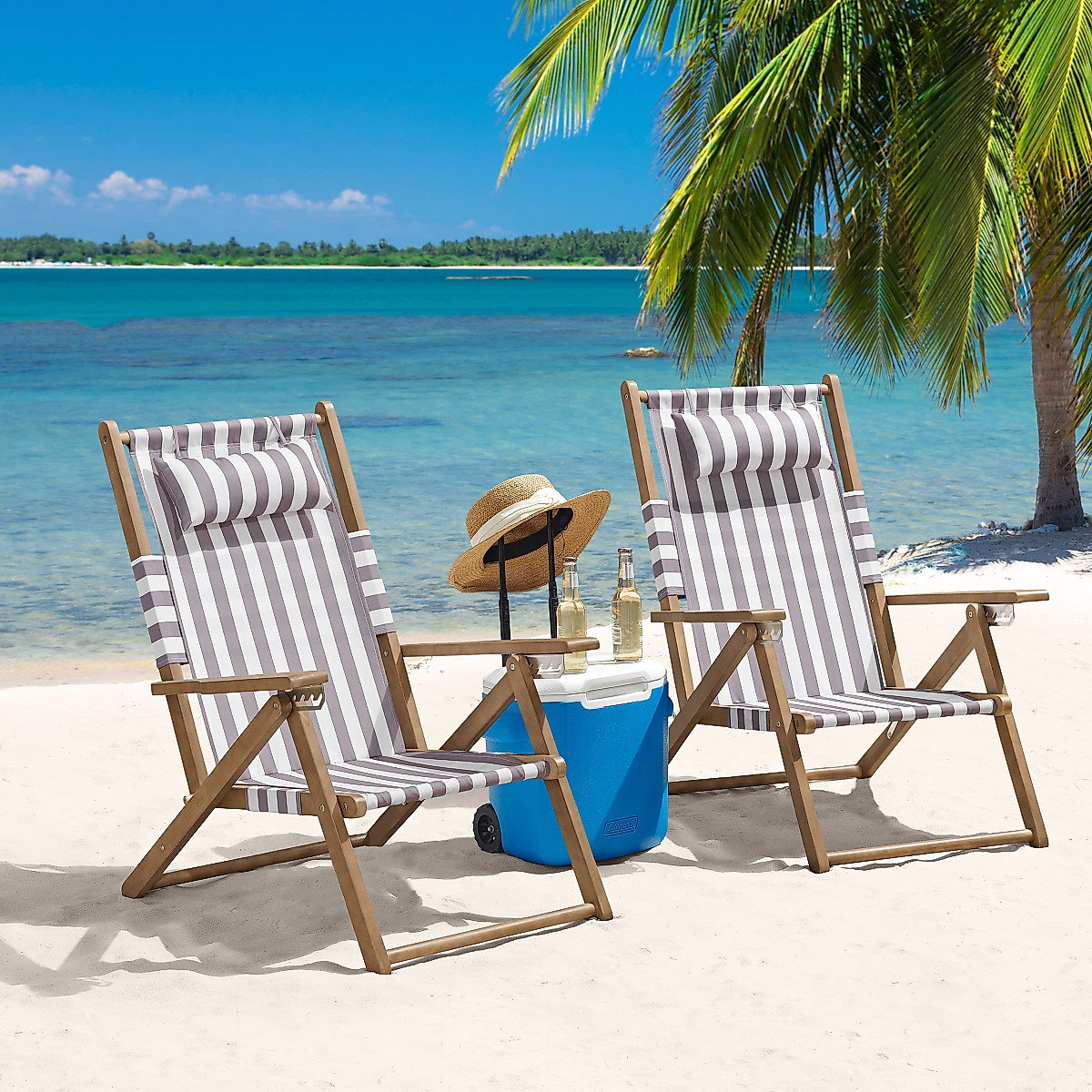 Lavish Home Set of 2 Beach Chairs - Outdoor Weather-Resistant Wood Folding Chairs with Carry Straps and Reclining Seat - Beach Essentials (Taupe)