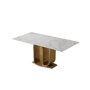 HomSof Contemporary Dining Table Set Sintered Stone Top and U Shape Pedestal Base Finish with 6 pcs Chairs, 7 Pieces, White+Gold