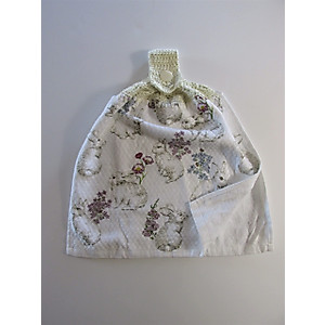 Cottage Bunny Lavender & Blue Floral Double Thickness Hanging Easter Kitchen Towels - Ivory Cotton Crochet Top
