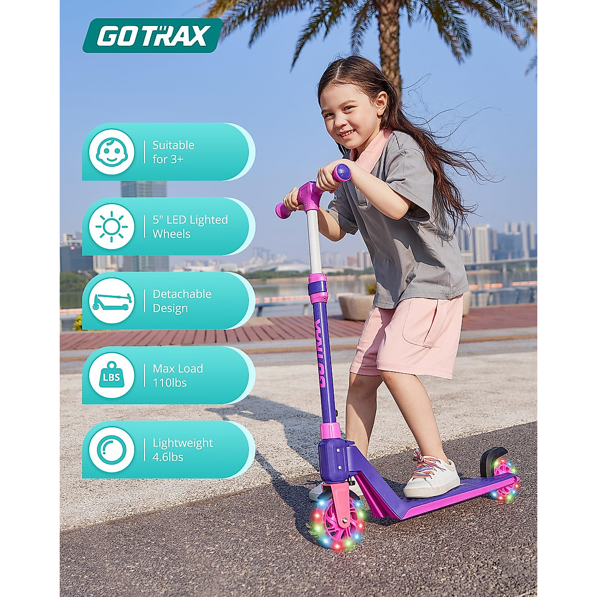 Gotrax K03 Kick Scooter for Kids, 5" LED Lighted Wheels and Adjustable Handlebars, Lightweight Design and Anti-Slip Deck, Max Load 110 Lbs, Kids Scooter for Boys & Girls Ages 3+, Purple