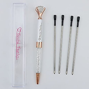 Blissful Bounty Diamond Metal Ballpoint White Pen in Rose Gold with Black Ink | 4 Ink Refills | 6.1 Inches Long