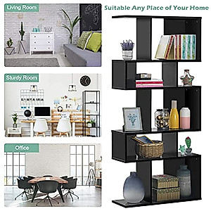 Giantex 5-Tier Geometric Bookshelf Black, 70'' Tall Wood Freestanding Decorative Display Open Shelves with Anti-Tipping Device, Each Shelf Holds up to 44 lbs, Wooden S Shaped Bookcase