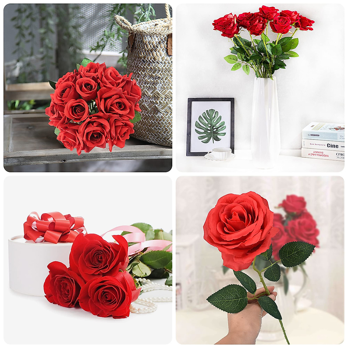 Artificial Silk Rose Flower,12 Pcs Real Looking Fake Roses with Stems, for Wedding Bouquets DIY Home Party Decoration Garden Background Decor (Red)