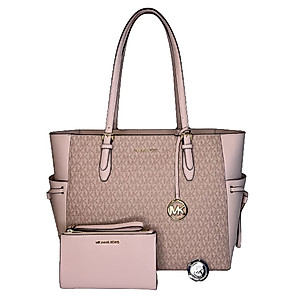 Michael Kors MICHAEL Michel Kors Gilly Large Drawstring Travel Tote bundled with Double Zip Wristlet Purse Hook (Signature MK Pink)