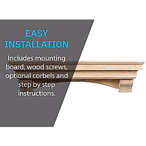 72 Inch Floating Fireplace Mantel Wood Shelf In Unfinished - Salem From Mantels Direct | Corbel Bracket Arches Included | Wooden Rustic Wall Shelf Perfect for Electric Fireplaces and Décor