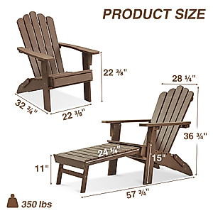 EFURDEN Adirondack Chair with Retractable Ottoman, Folding Adirondack Chair with Footrest, All Weather Poly Lumber Fire Pit Chair with Ottoman, All Weather Chair for Outdoor Brown