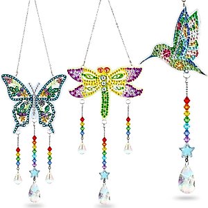Jetec 3 Pieces Diamond Painting Suncatcher Wind Chime Double Sided Crystal Gem Paint by Number Diamond Painting Hanging Ornament for Home Garden Adults Kids (Dragonfly, Butterfly, Hummingbird)
