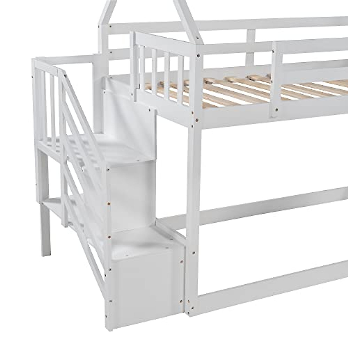 DEYOBED Twin Over Twin Wooden Bunk Bed with Slide and Storage Staircase for Kids Adults