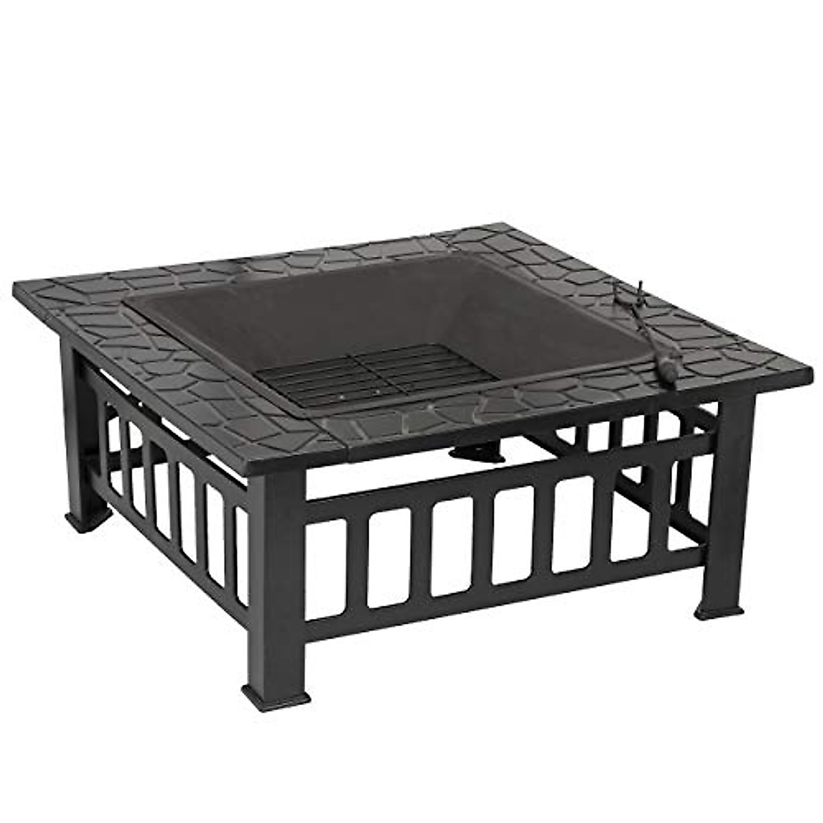 HomGarden 32" Fire Pit Outdoor Patio Square Metal Heater Deck Firepit Backyard Garden Home Stove Burning Fireplace w/Spark Screen,Poker,Cover,Grill