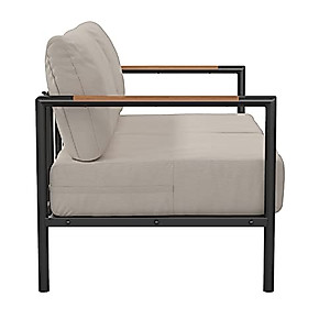 Flash Furniture Modern Patio Loveseat With Cushions - Contemporary Black Frame and Teak Accented Arms - Beige Cushions - Zippered Removable Covers