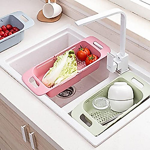 Cabilock Expandable Dish Drying Rack Adjustable Over The Sink Dish Drainer Utensil Silverware Fruit Storage Holder Basket for Home Kitchen Pink