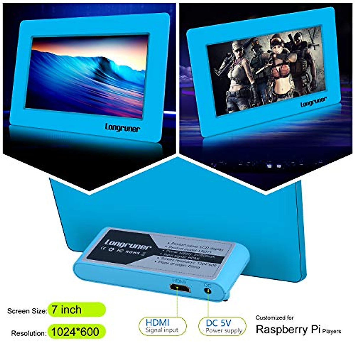 ETEPON Capacitive Touch LCD Display HDMI Input 1024× 600 with Case Stand for 7 Inch Raspberry Pi Screen (EP711), Black